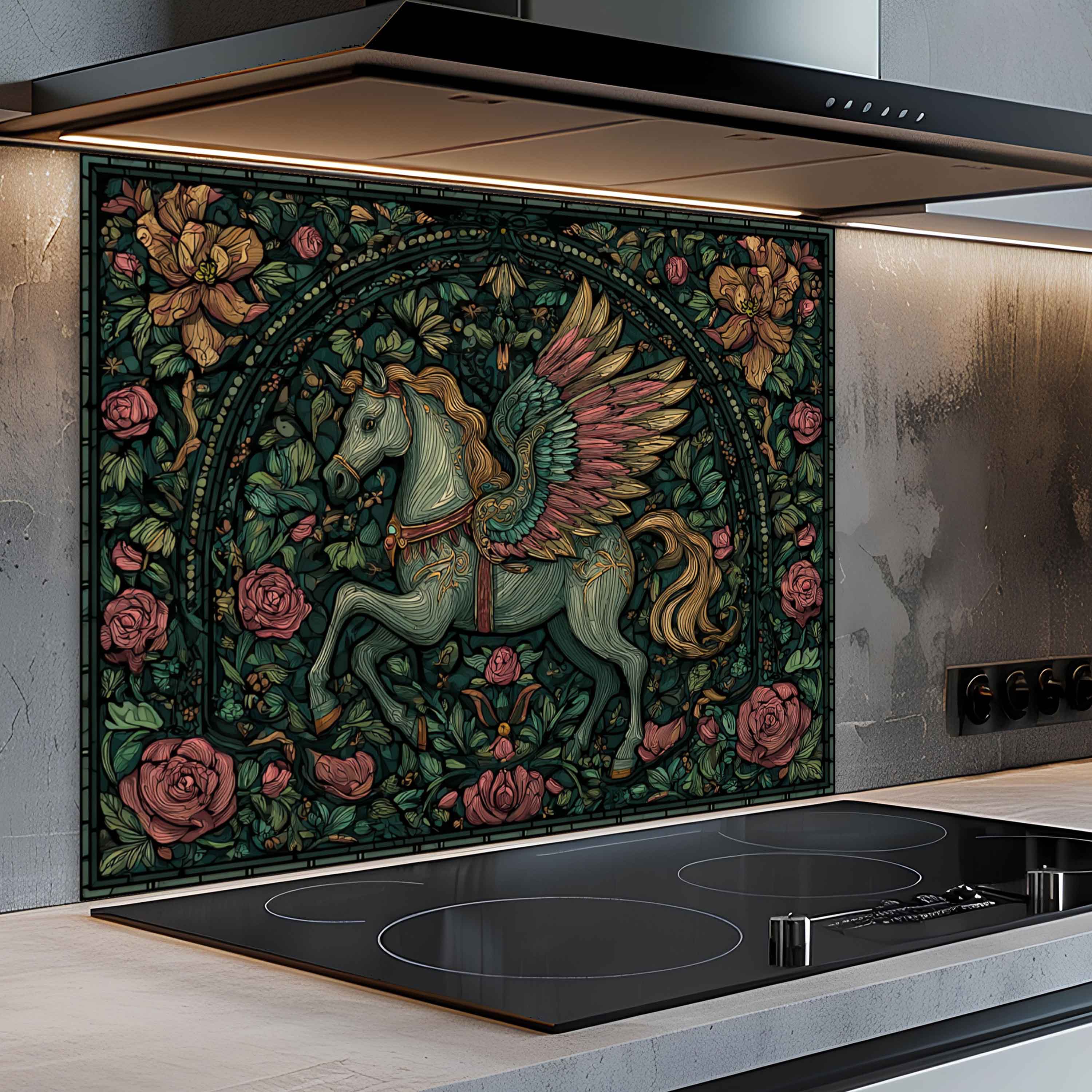 Winged Whimsy Backsplash – Stained Glass for Gothic Style Kitchen – Bosfori