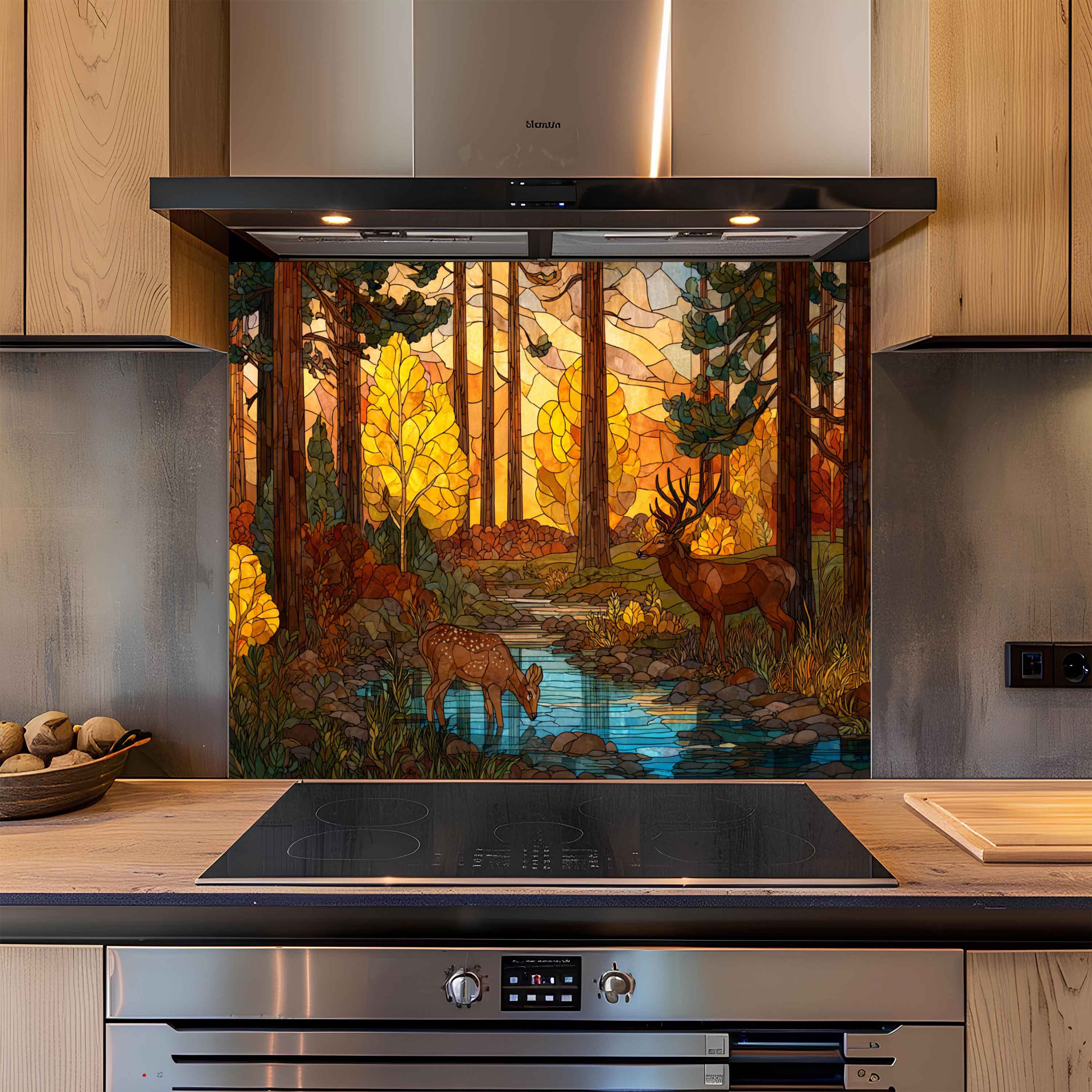Forest Creek – Woodland Deer Stained Glass Kitchen Backsplash – Bosfori