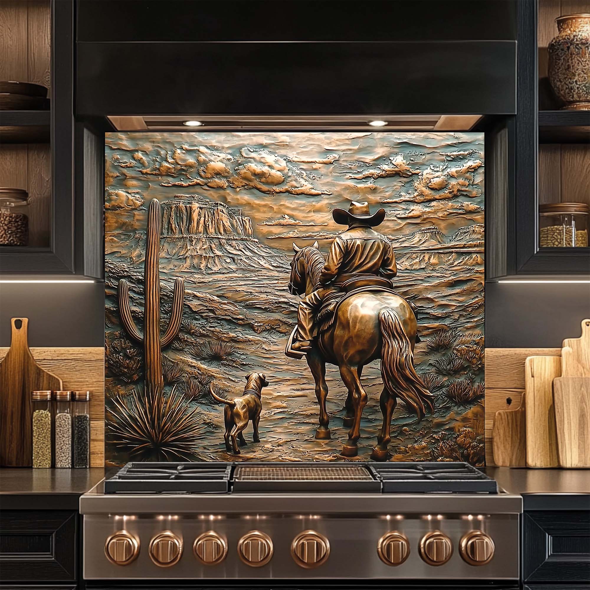 Desert Gaze – Western Tempered Glass Backsplash with Cowboy and Dog ...