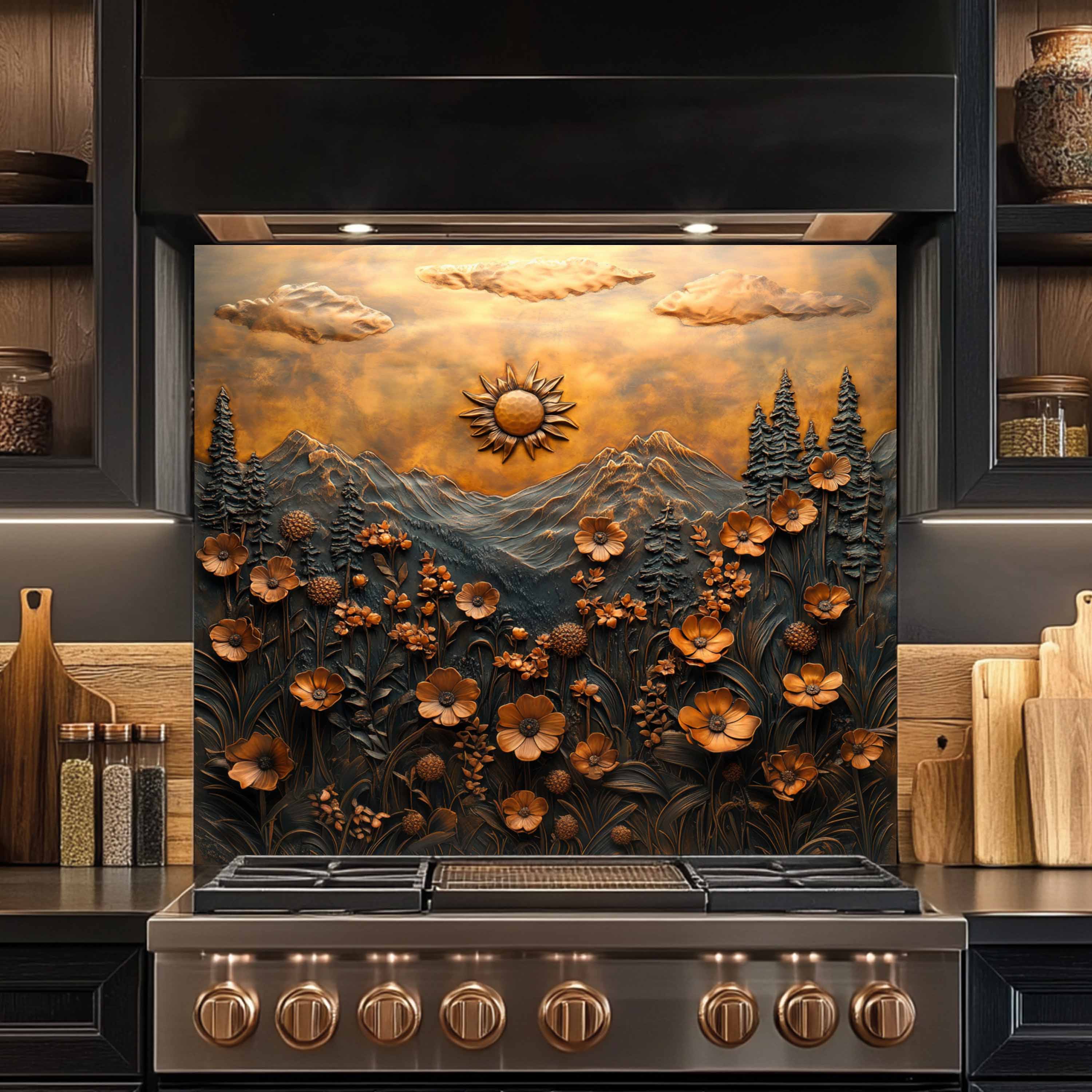 Golden Bloom Tempered Glass Backsplash – Vibrant Floral Splashback ...