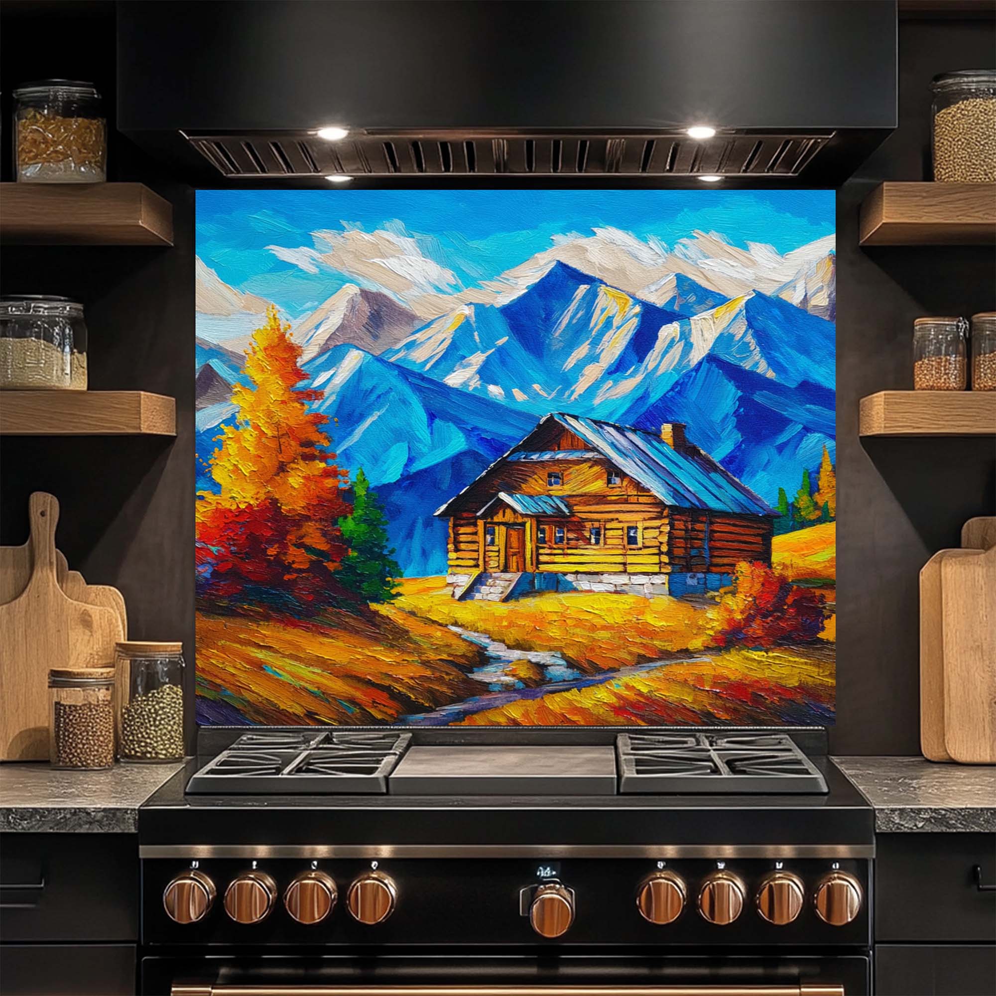 Mountain Cabin Glow – Colorful Rustic Mountain Glass Backsplash – Bosfori