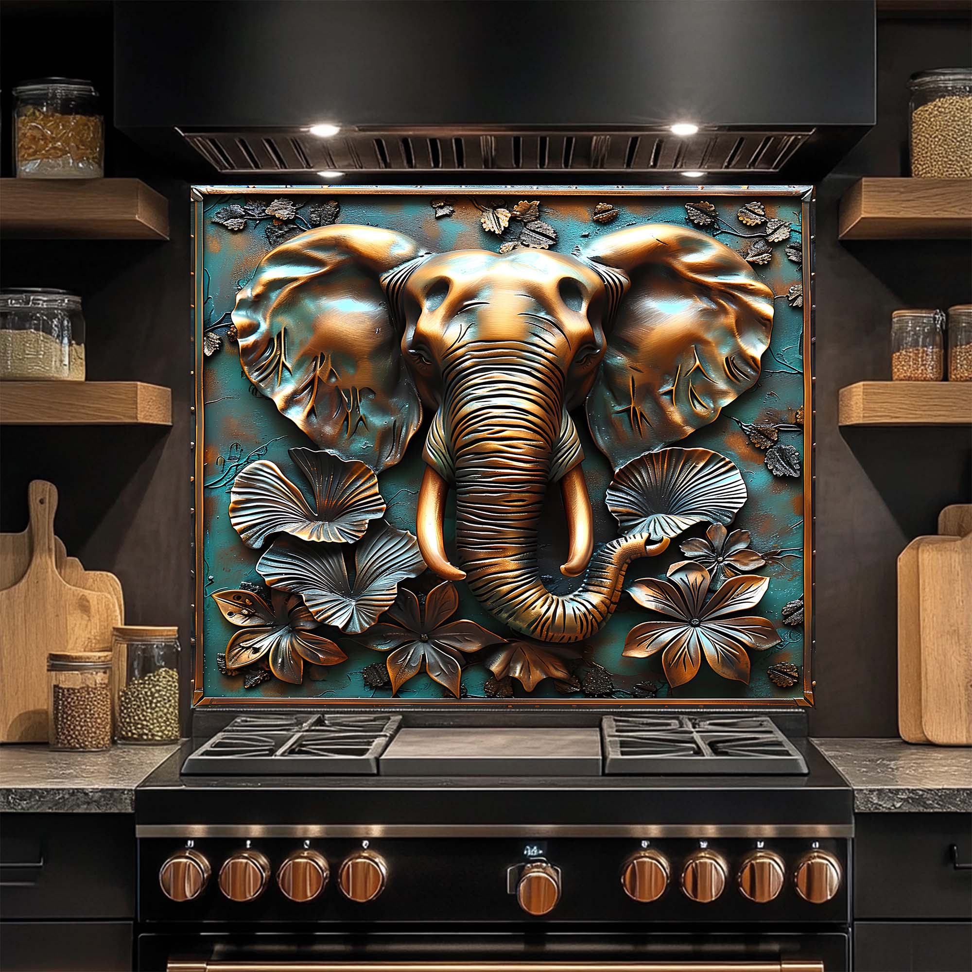 Regal Elephant Tempered Glass Backsplash – Copper Look Backsplash – Bosfori