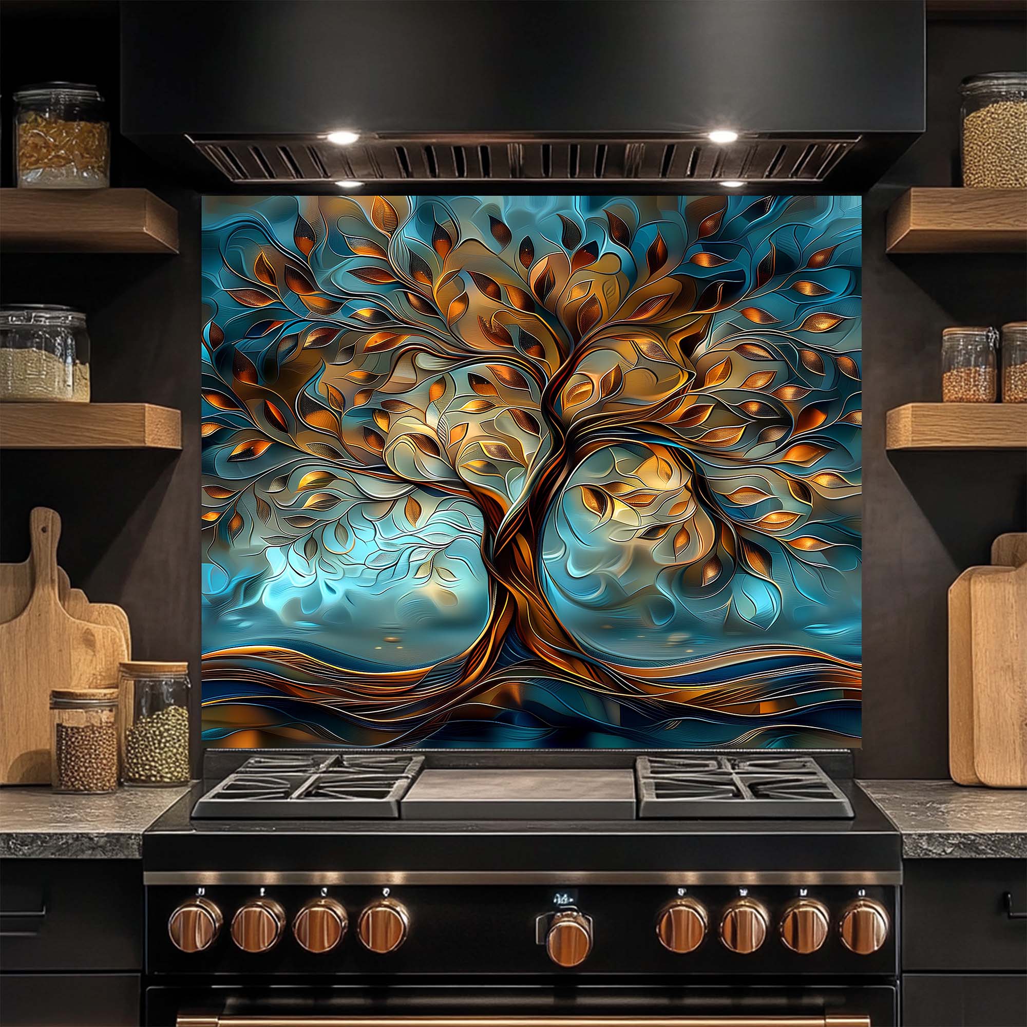 Copper Roots – Tree of Life Tempered Glass Backsplash in Copper & Teal ...